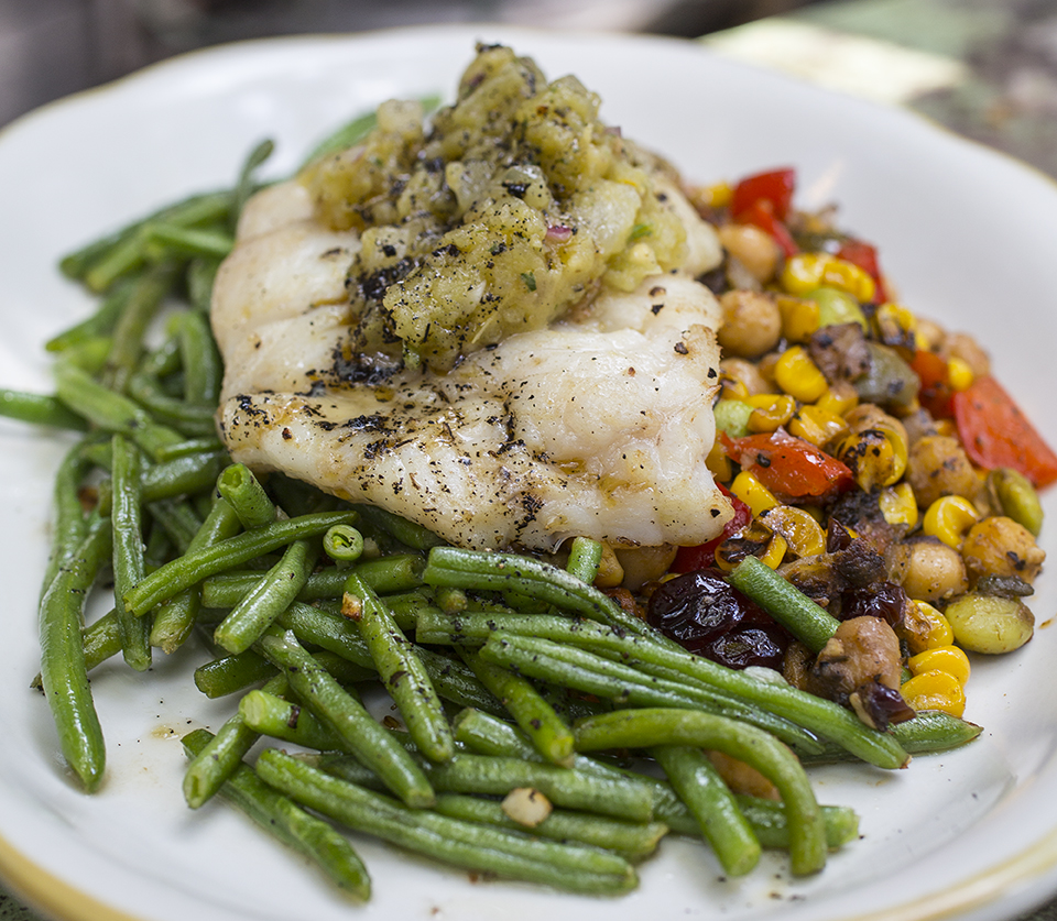 Owen's Fish Camp Seared Scamp with Salsa Verde and Succotash